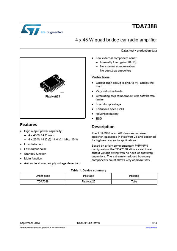 YD7388 Datasheet PDF ((TDA7388) 4 x 45 W quad bridge car radio ...