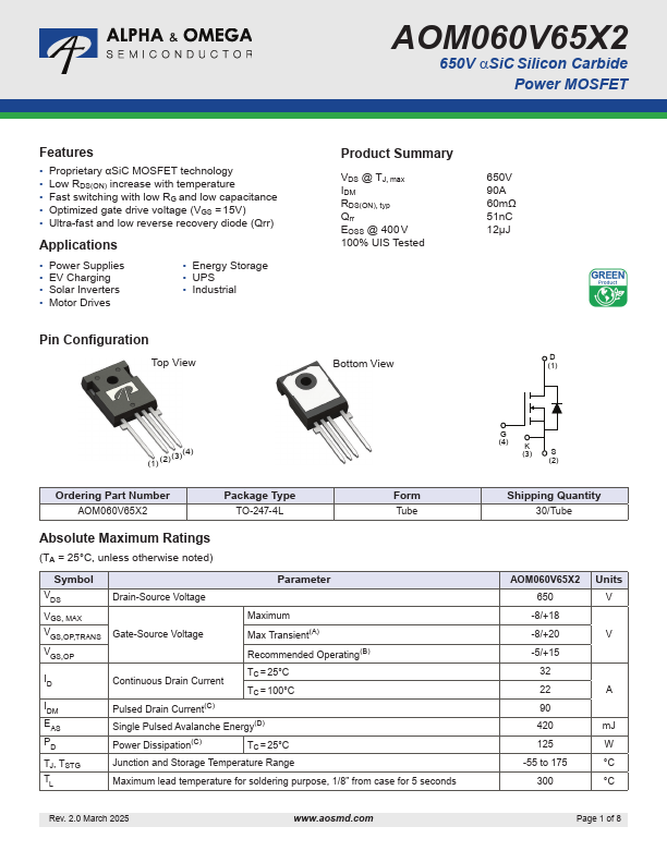 AOM060V65X2 Datasheet | 650V Silicon Carbide Power MOSFET Alpha & Omega Semiconductors