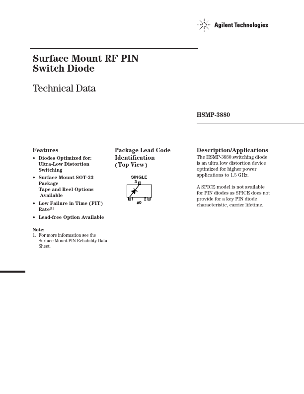 HSMP-3880 Datasheet (Surface Mount RF PIN Switch Diode) | Agilent ...