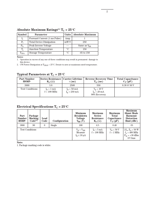 HSMP-3880 Datasheet (Surface Mount RF PIN Switch Diode) | Agilent ...