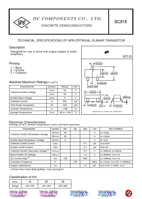 BC818 Datasheet PDF (NPN EPITAXIAL PLANAR TRANSISTOR) | Download DC COMPONENTS BC818