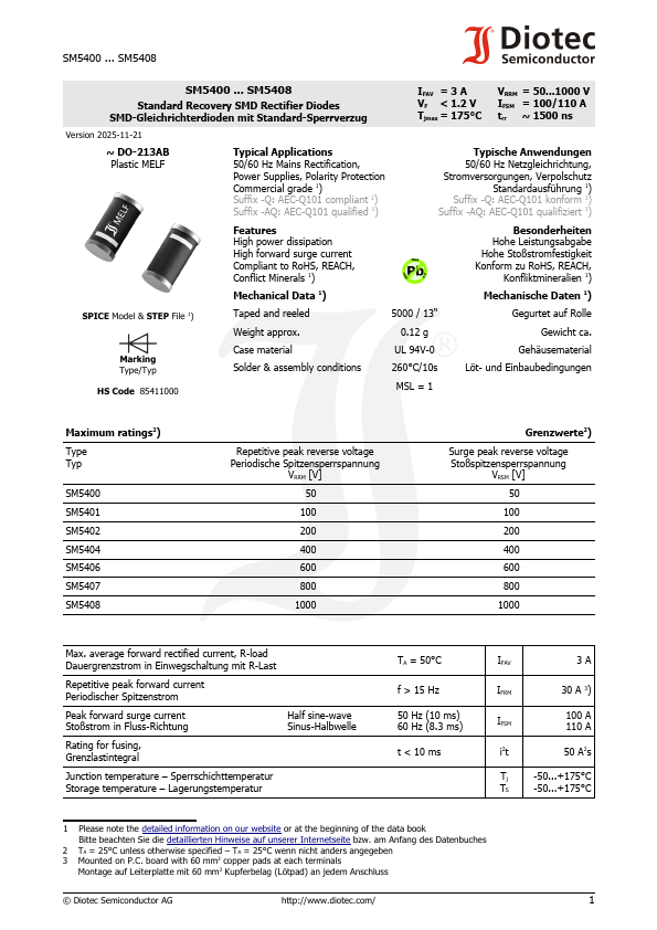 SM5408 Datasheet PDF (Standard Recovery SMD Rectifier Diodes ...
