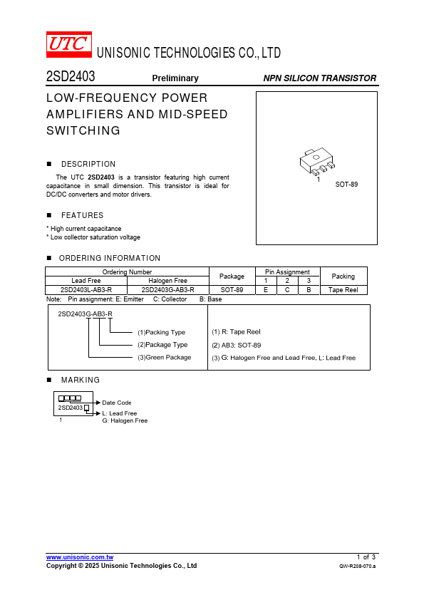 2SD2403 Datasheet PDF (NPN SILICON TRANSISTOR) | Download Unisonic ...