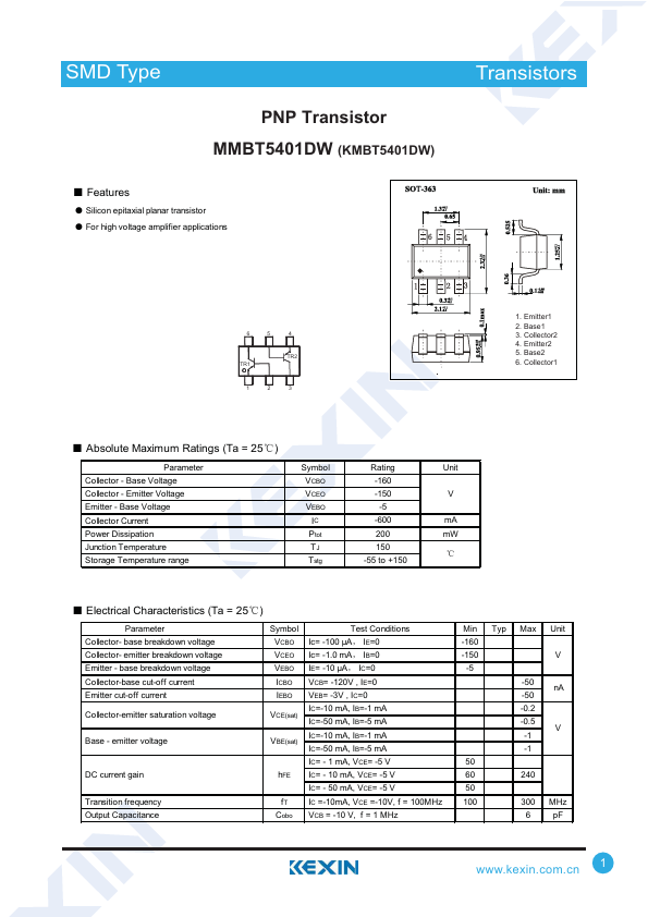 MMBT5401DW Datasheet PDF (PNP Transistor) | Distributor & Price | Kexin Semiconductor