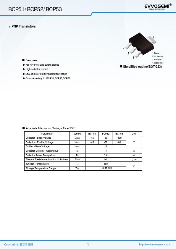 BCP53 Datasheet PDF (PNP Transistors) | Download EVVOSEMI BCP53